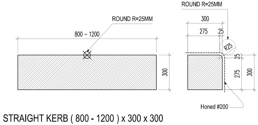 MCC Straight Kerb 800-1200x300x300 with 25mm bullnose edge | SAI Stone